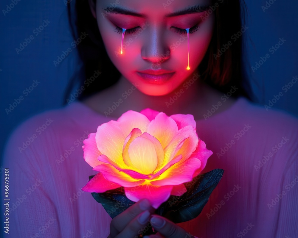 Woman cradling a glowing flower, tears falling, but the flower blooms ...