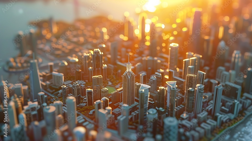 miniature cityscape bathed in the warm glow of the golden hour. Tiny ...