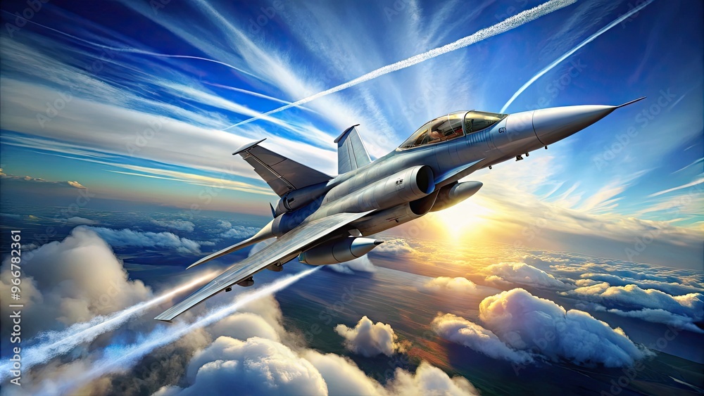 A sleek, silver fighter jet soars through a vibrant blue sky, its ...