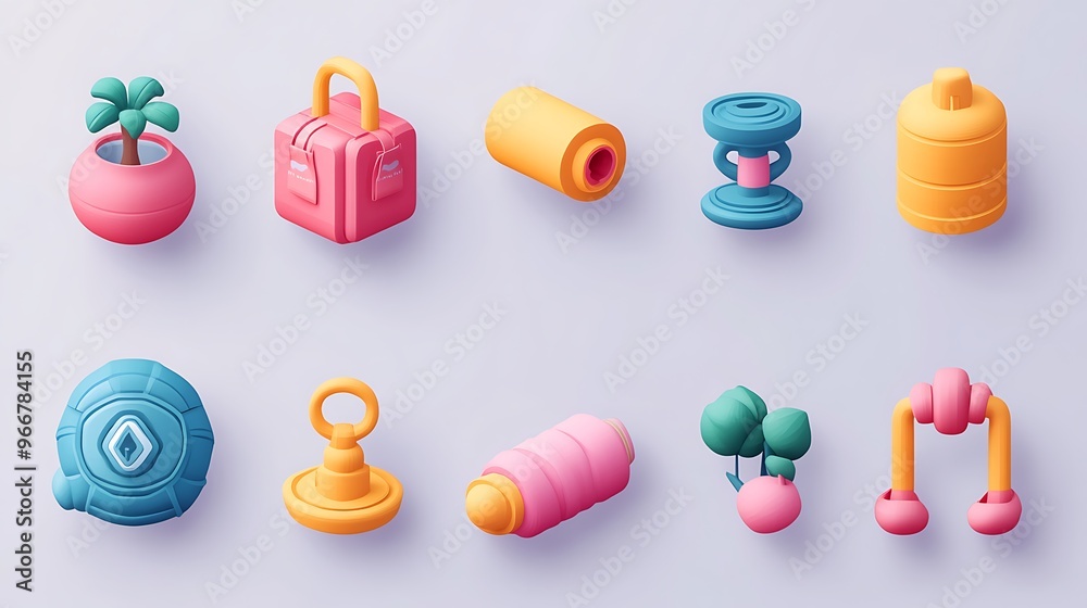 3D illustrated icon set for a fitness app, featuring icons for ...