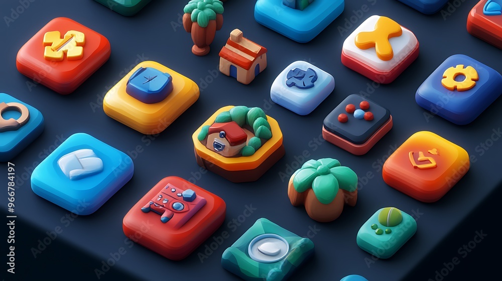 3D illustrated icon set for a game app, featuring icons for different ...