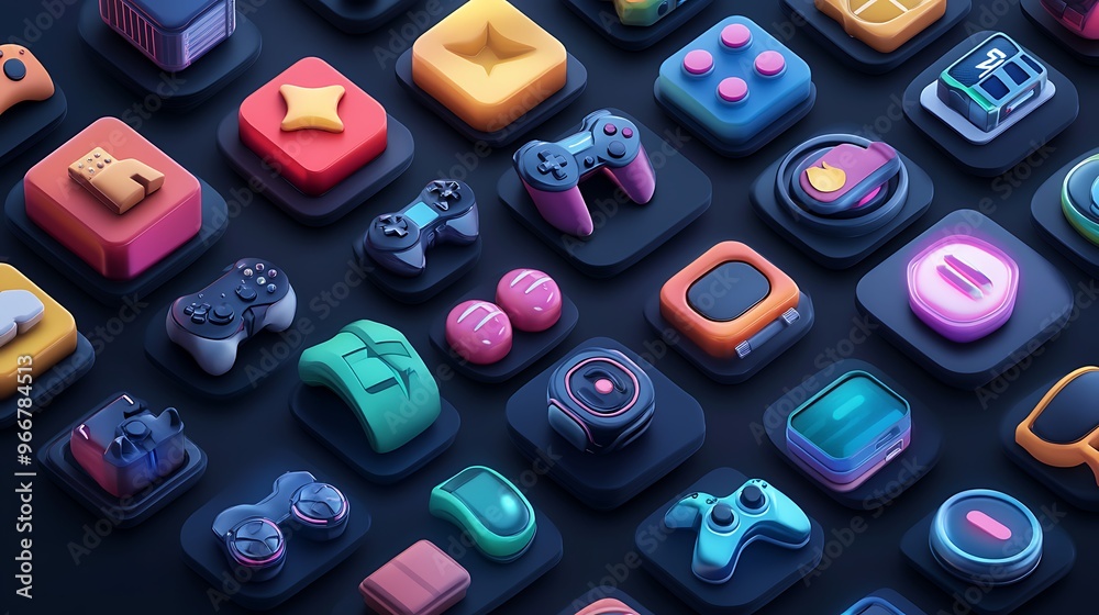 3D illustrated icon set for a gaming app, featuring icons for different ...