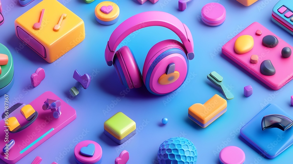 3D illustrated icon set for a music streaming app, featuring icons for ...