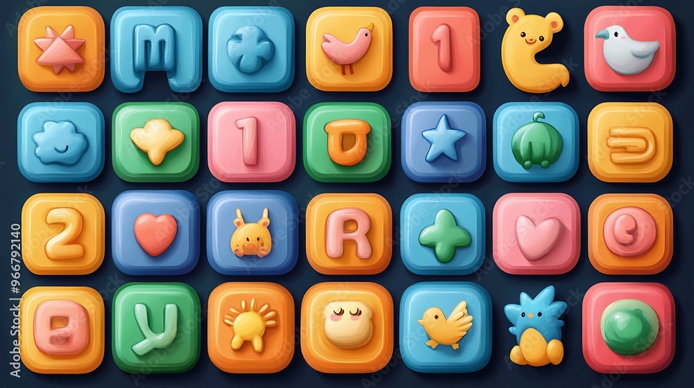 Cartoonish icon set for a kids learning app, featuring bright and fun ...