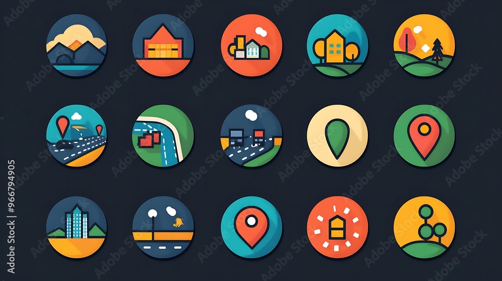 Flat vector icon set for a navigation app, featuring icons for ...