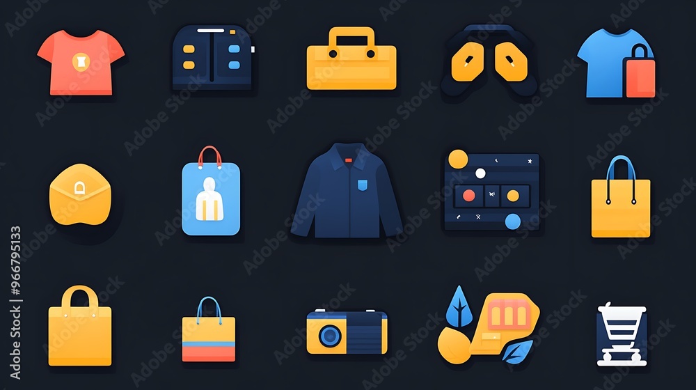 Flat vector icon set for a shopping app, featuring icons for different ...
