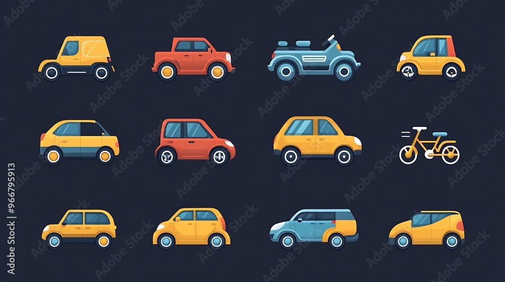 Flat vector icon set for a transportation app, featuring icons for ...