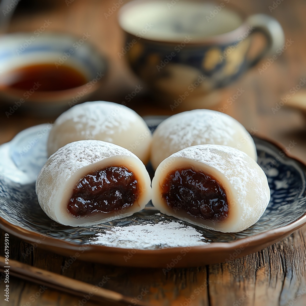 Daifuku mochi with red bean filling, dusted with kinako, Japanese food ...