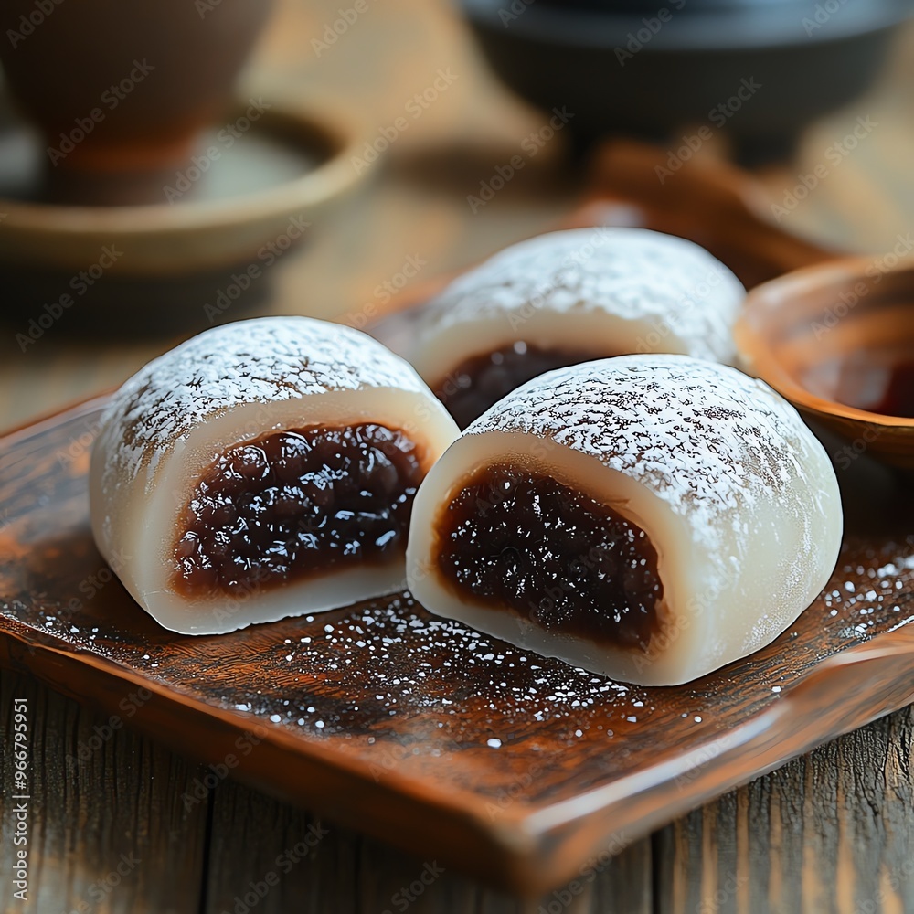 Daifuku mochi with red bean filling, dusted with kinako, Japanese food ...