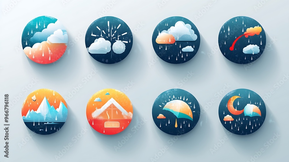 Flat vector icon set for a weather app, featuring icons for different ...