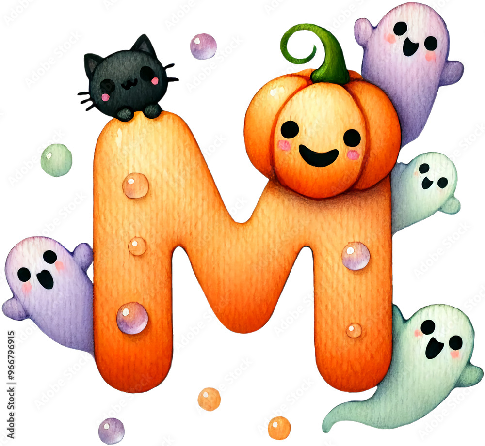 Playful Pumpkin, Cat, and Ghost-Themed Letter M with a Spooky Halloween ...
