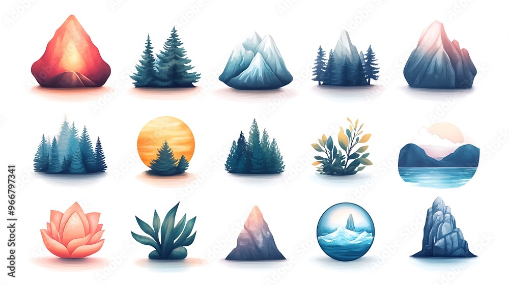 Hand-drawn icon set for a meditation app, featuring icons for different ...