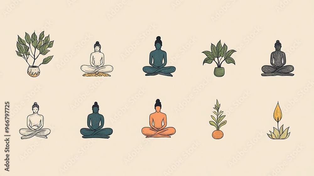 Hand-drawn icon set for a mindfulness app, featuring icons for ...