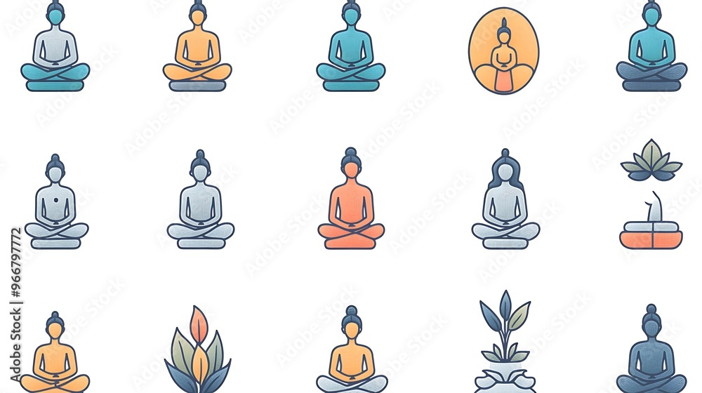 Hand-drawn icon set for a mindfulness app, featuring icons for ...