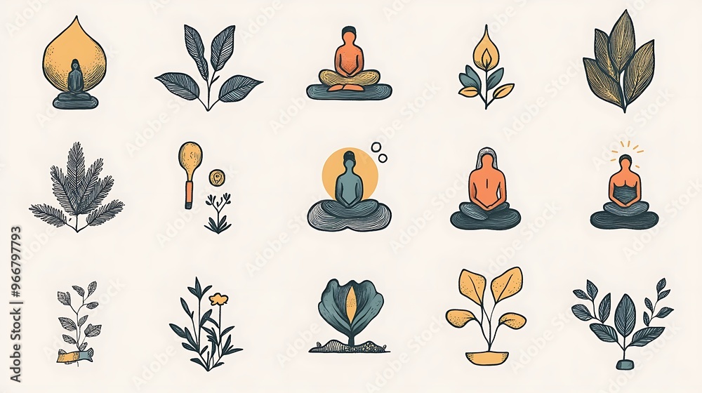Hand-drawn icon set for a mindfulness app, featuring icons for ...