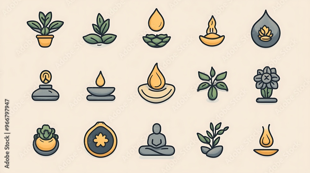 Hand-drawn icon set for a mindfulness app, featuring icons for ...