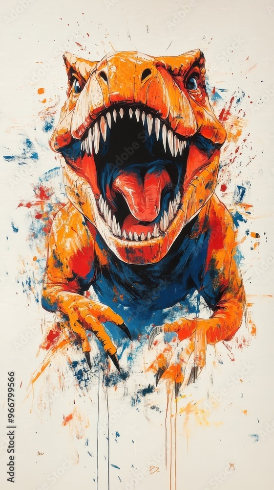 Dinosaur rendered in abstract expressionism style, using bold, dynamic ...