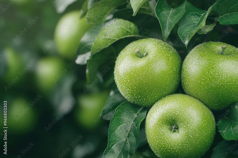 Photo fresh green apples on the tree, blurred background highly ...