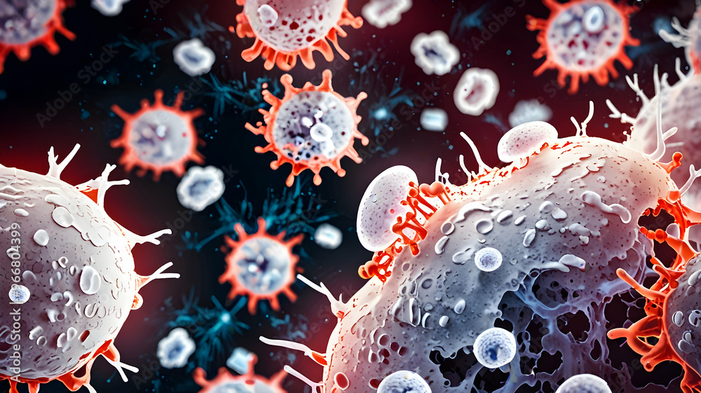 Microscopic Battle: A dramatic close-up of a microscopic battleground ...