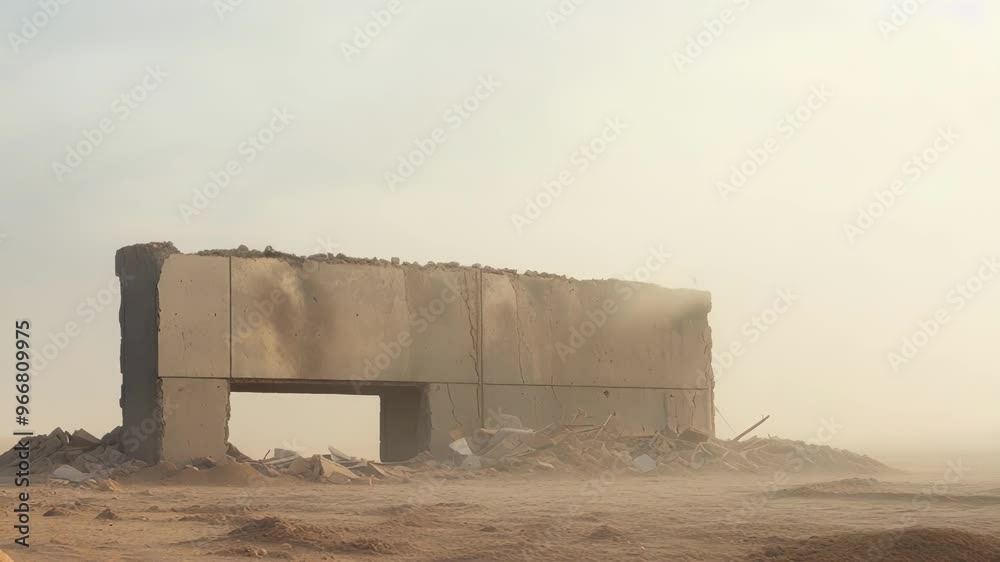 Dusty wind swirls around remains of concrete building in desolate ...