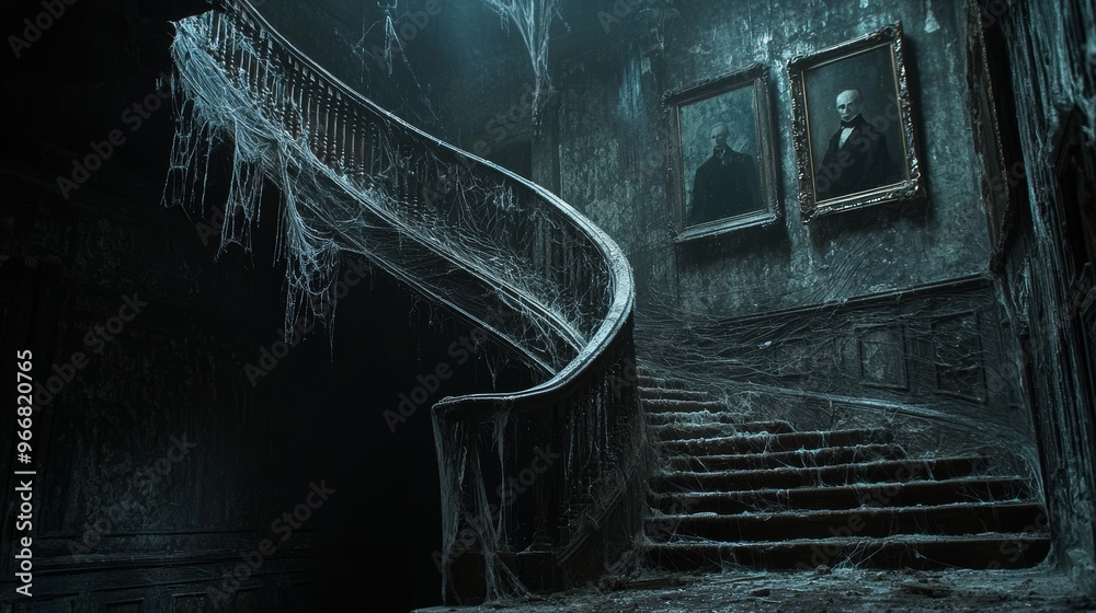 The inside of a haunted mansion, with an antique staircase covered in ...