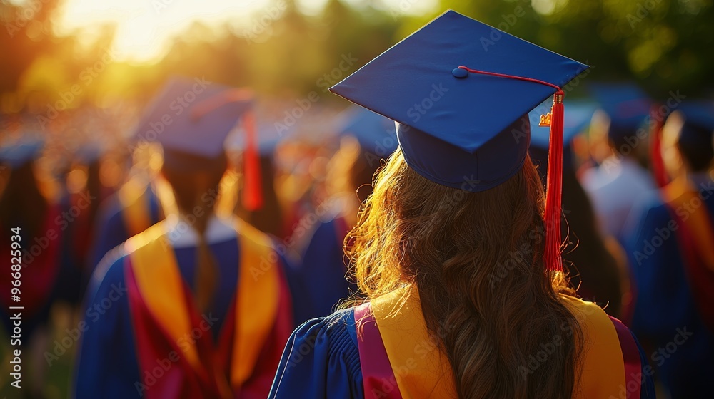 Graduation ceremony with students in caps and gowns walking across the ...