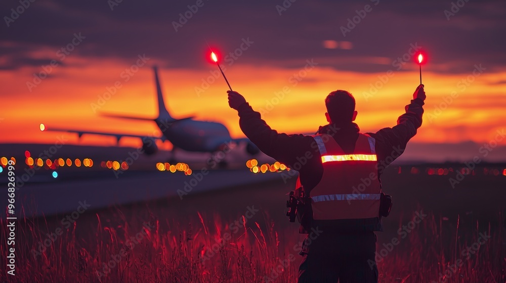 Ground crew member signaling an airplane on the runway with lighted ...