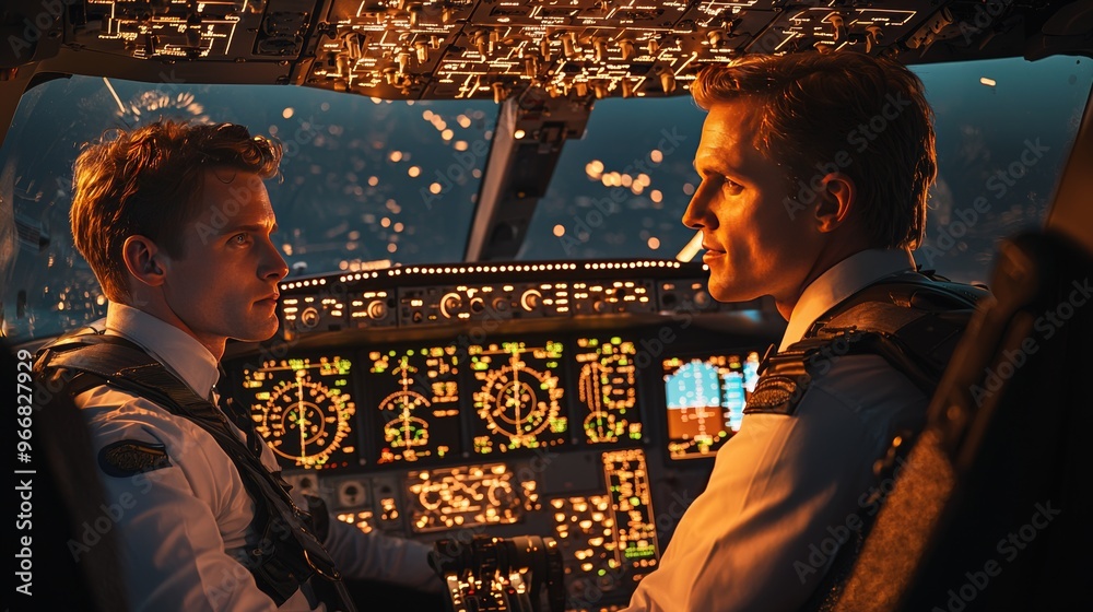 Pilot and co-pilot reviewing flight plans before departure in the ...