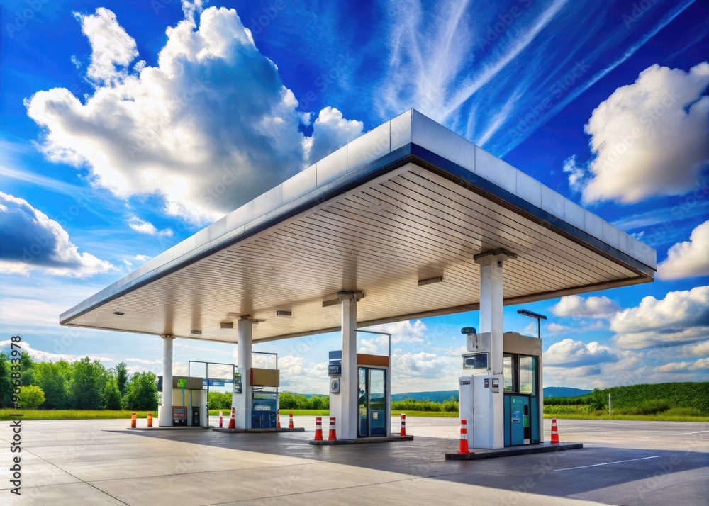 Modern gas pumps and canopy at a busy fueling station with a ...