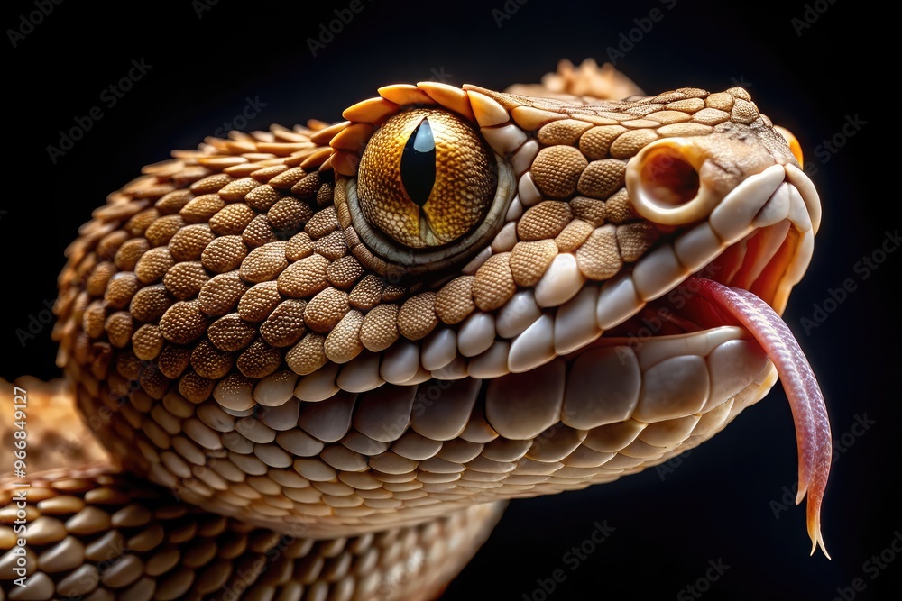 Up-close profile of a snake's scaly, triangular head with piercing eyes ...