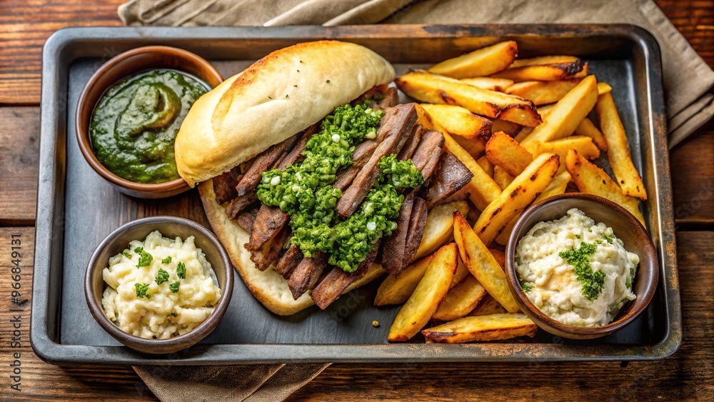 Roasted haunch tip on tray with arepa, cheese, fries, and chimichurri ...