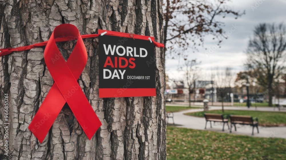 Red ribbon tied to a tree as a symbol of remembrance for World AIDS Day ...