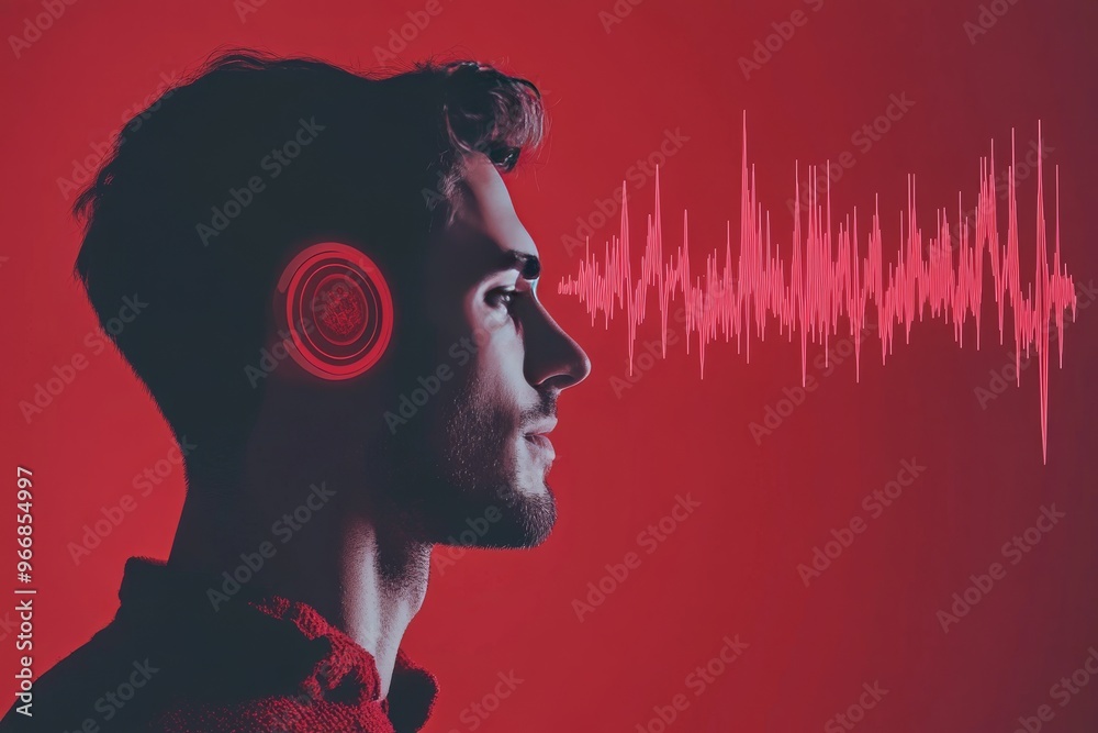 Auditory processing sound waves and cognitive state man with a red wave ...