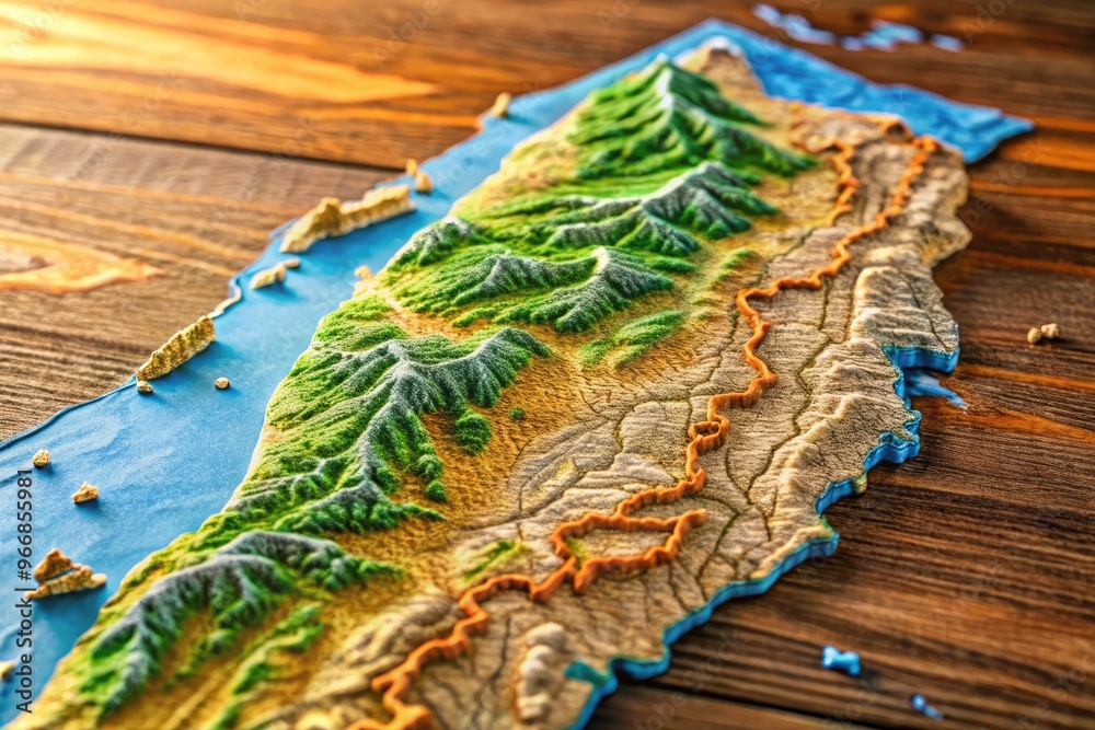 Vibrant colors illuminate a detailed topographic map of Taiwan ...