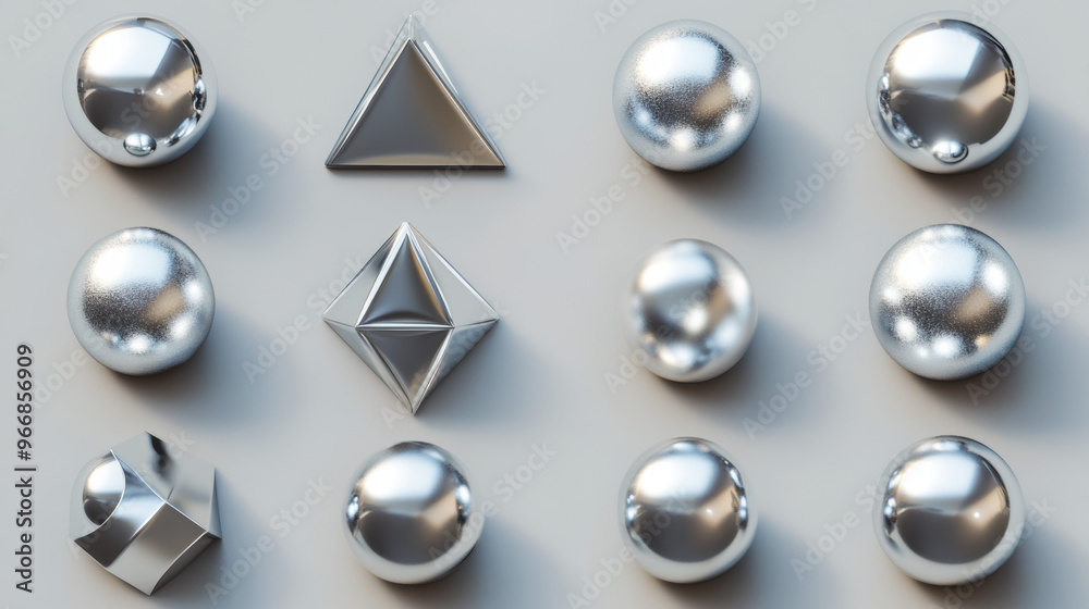 A collection of shiny, silver geometric shapes like spheres, pyramids, and donuts. These 3D ...