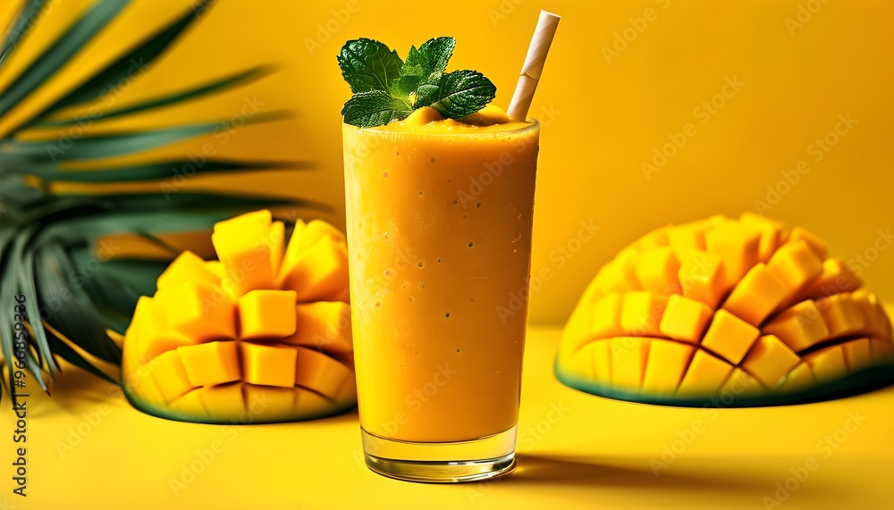 Tropical Mango Slushie in Tall Glass Against Bright Yellow Background ...