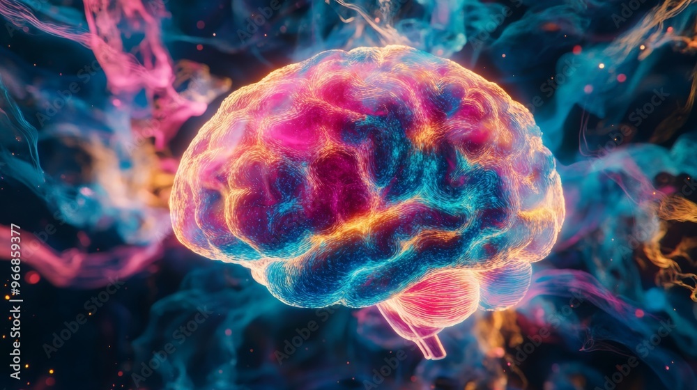 A striking front-facing view of a human brain model radiates vibrant ...