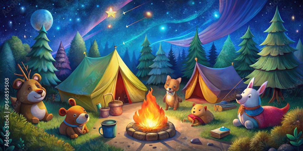 Vibrant illustrated campground scene featuring colorful tents ...