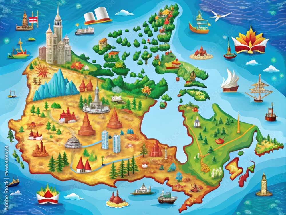 ภาพประกอบสต็อก Vibrant illustrated map of Canada highlighting major ...