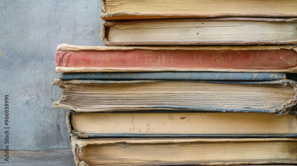 A collection of old books is stacked closely together, revealing their ...