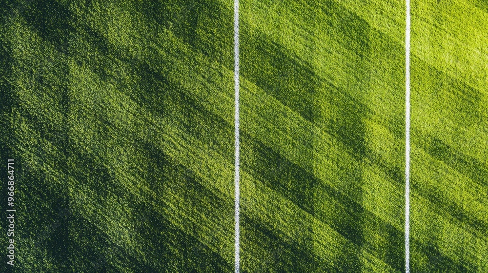 The perfectly maintained lawn of a soccer stadium is captured from ...