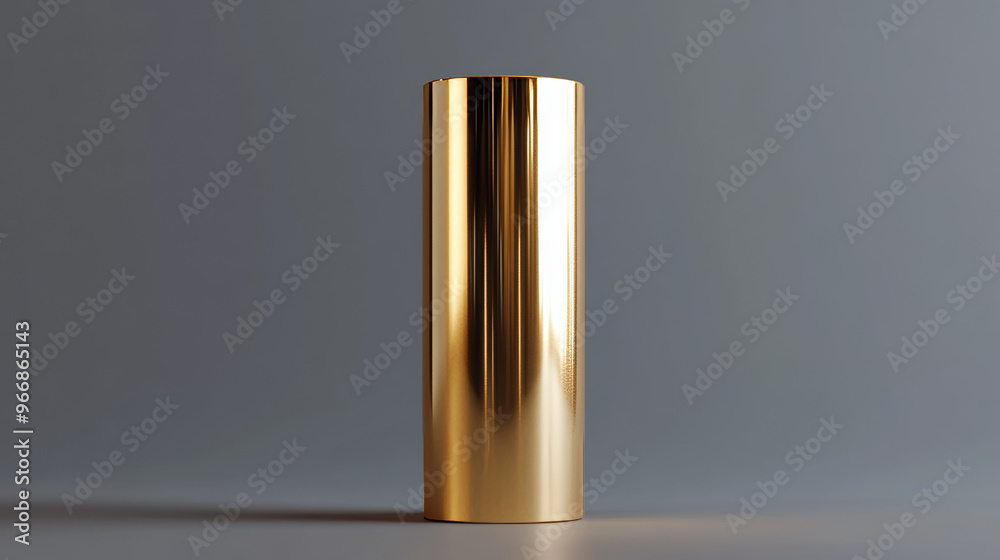 A shiny gold cylinder stands on a gray background. It looks like a ...