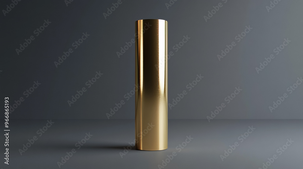 A shiny gold cylinder stands on a gray background. It looks like a ...