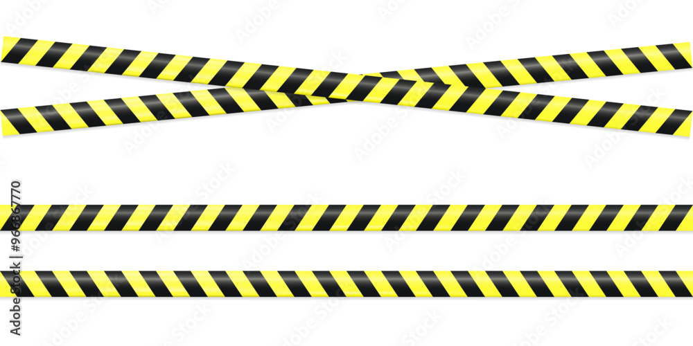 Realistic Warning tape with yellow and black diagonal stripes. Warn stop seamless line. Yellow ...