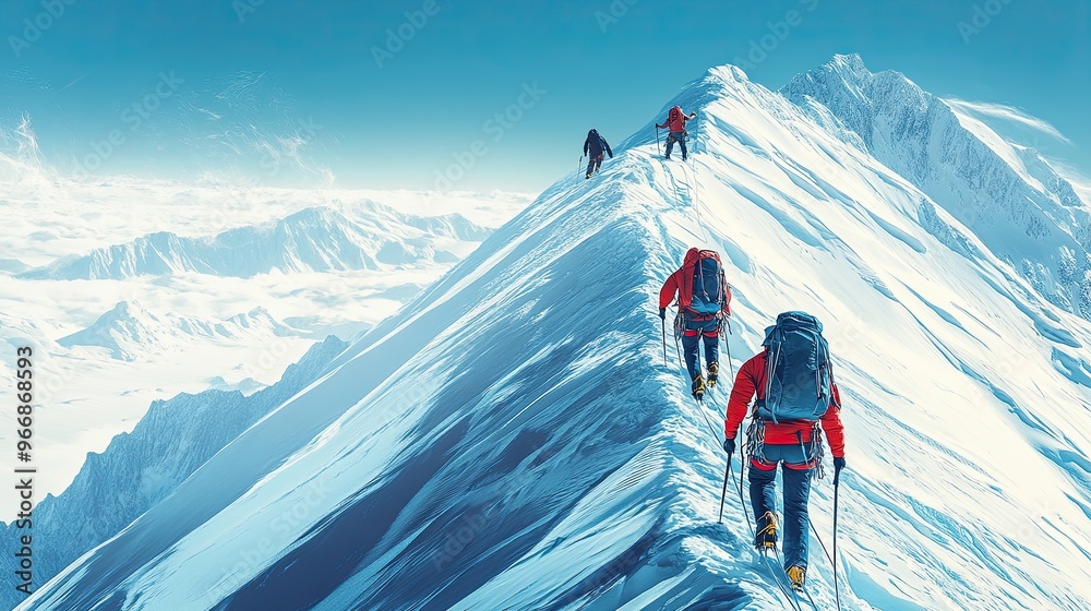 10. A climbing expedition illustrated on a tall, snowy mountain, with ...