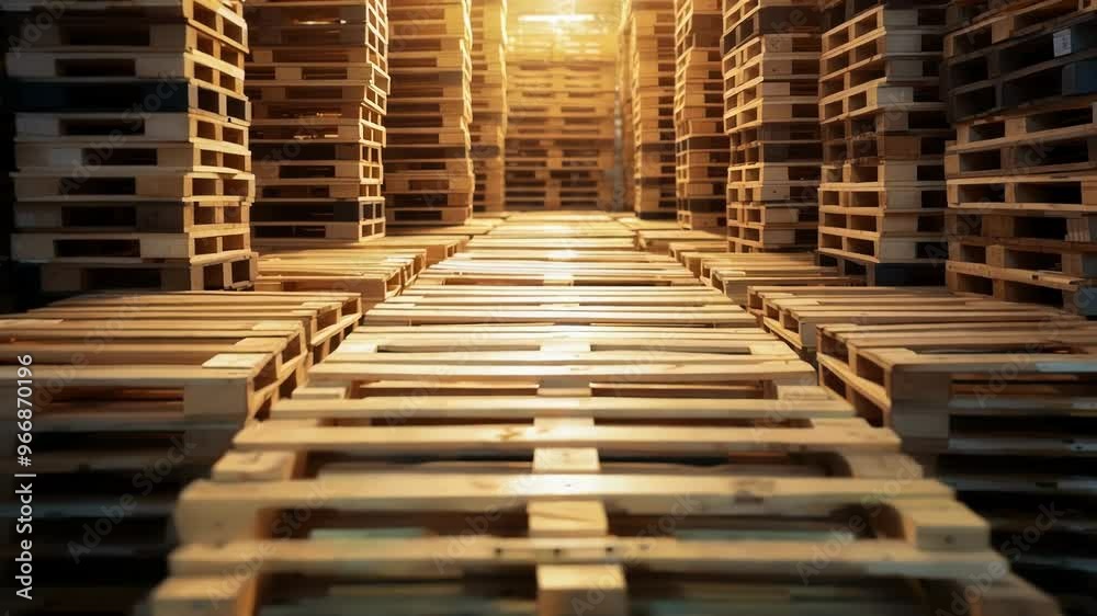 Neatly stacked wooden pallets in warehouse corridor, bathed in sunlight ...
