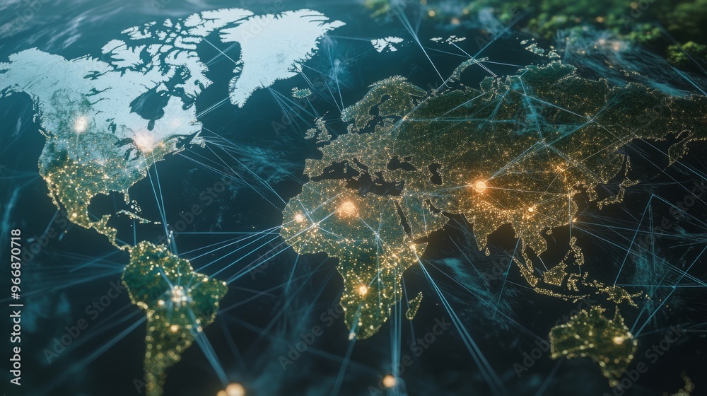 World Map with Multiple Connections Linking Different Cities ...
