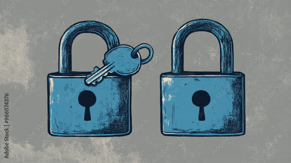 Two padlocks, one open and one closed, with a key. They are blue and ...