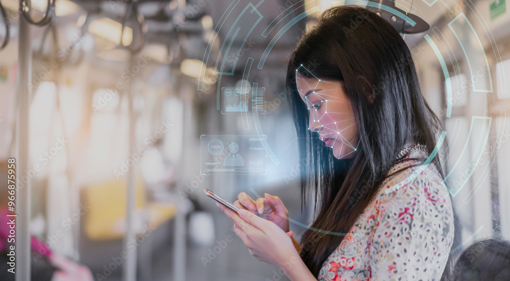 Asian female using smartphone scanning face ID to unlock security with ...