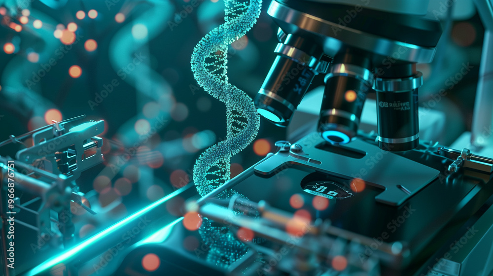 DNA strand under microscope with digital interface in genetic research ...